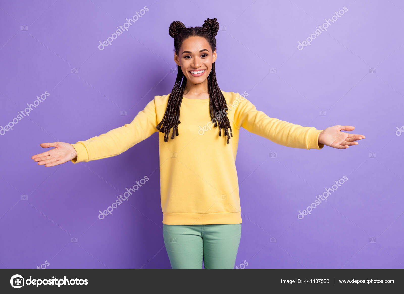 Photo of optimistic nice lady want to hug wear yellow sweater trousers ...