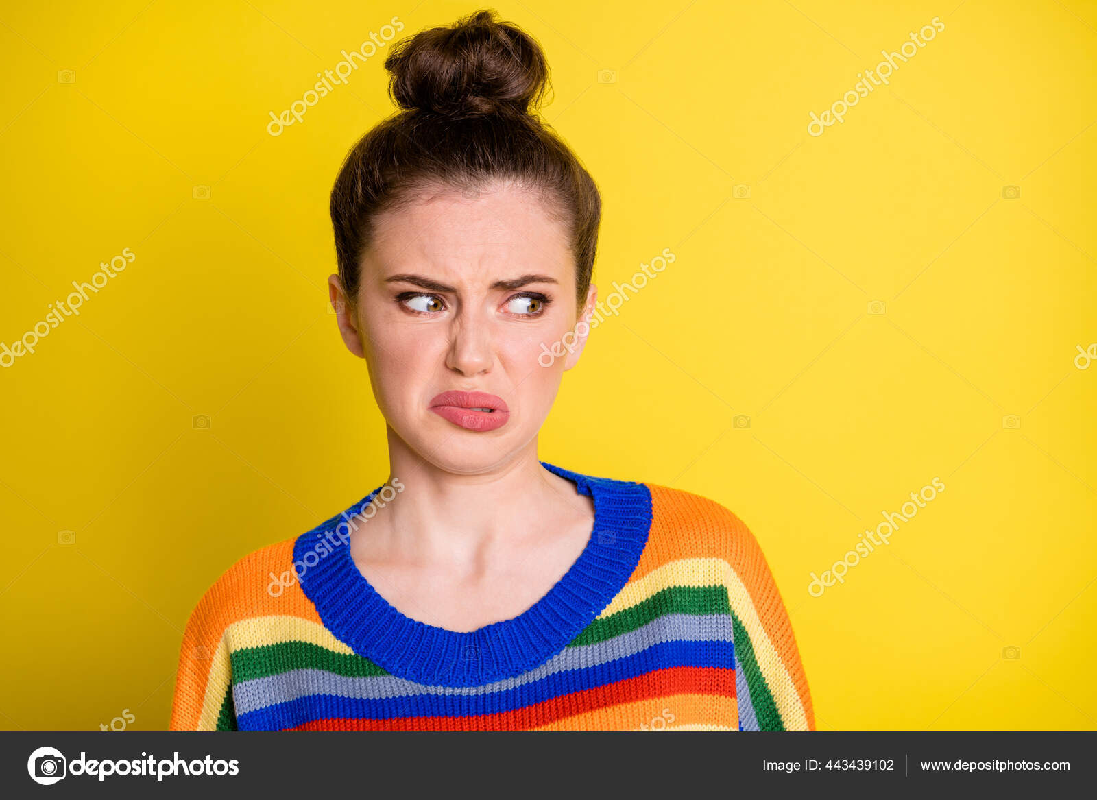 Photo of young girl disgusted dislike bad smell negative refused look ...