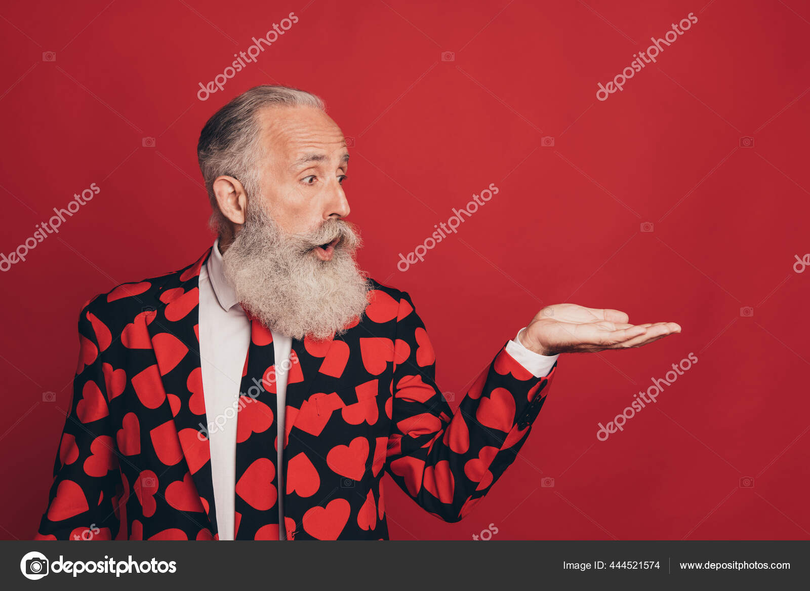 Photo of excited old man palm hold look empty space open mouth wear ...