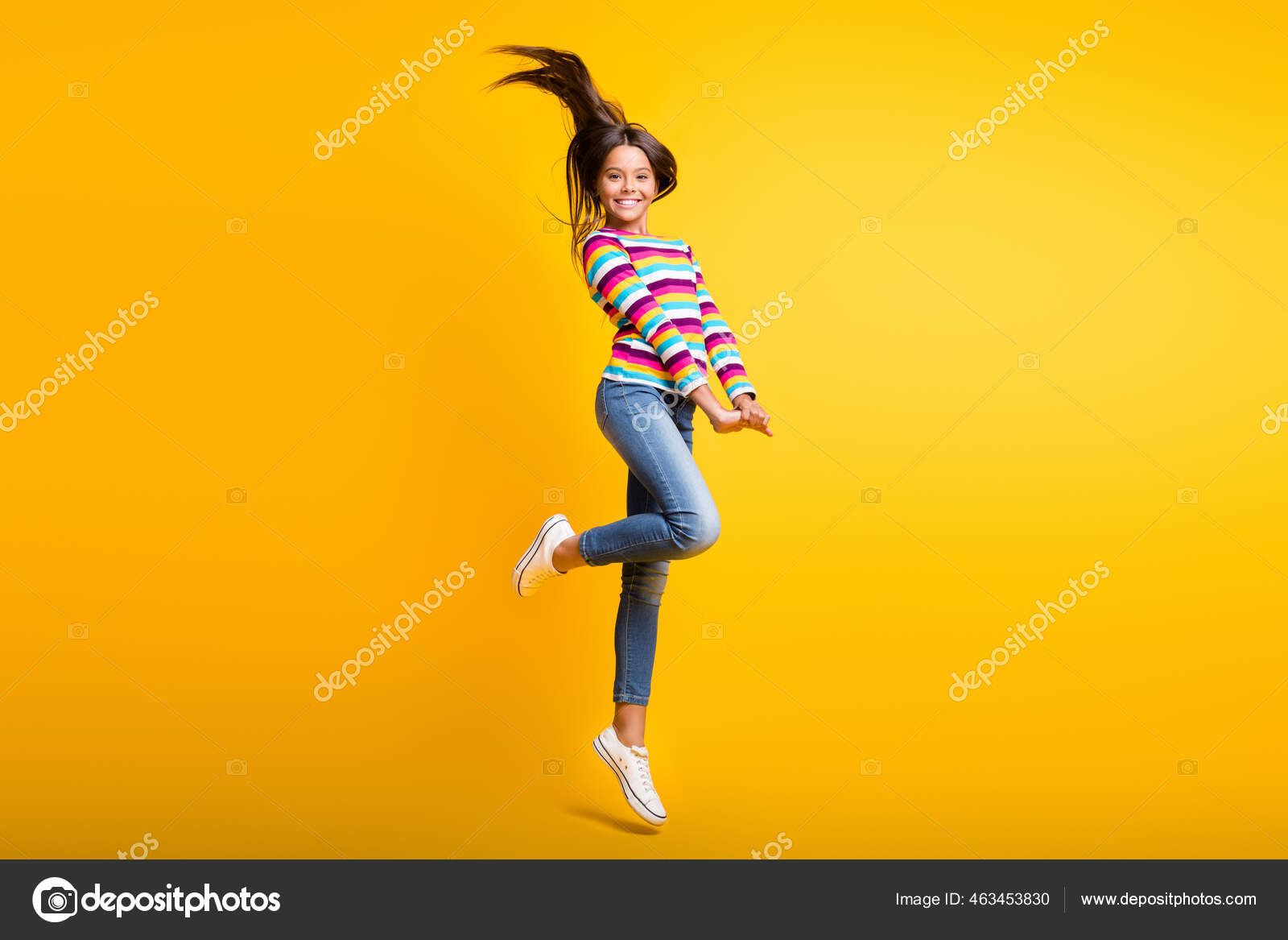 Full length body size photo of jumping schoolgirl with long brunette ...