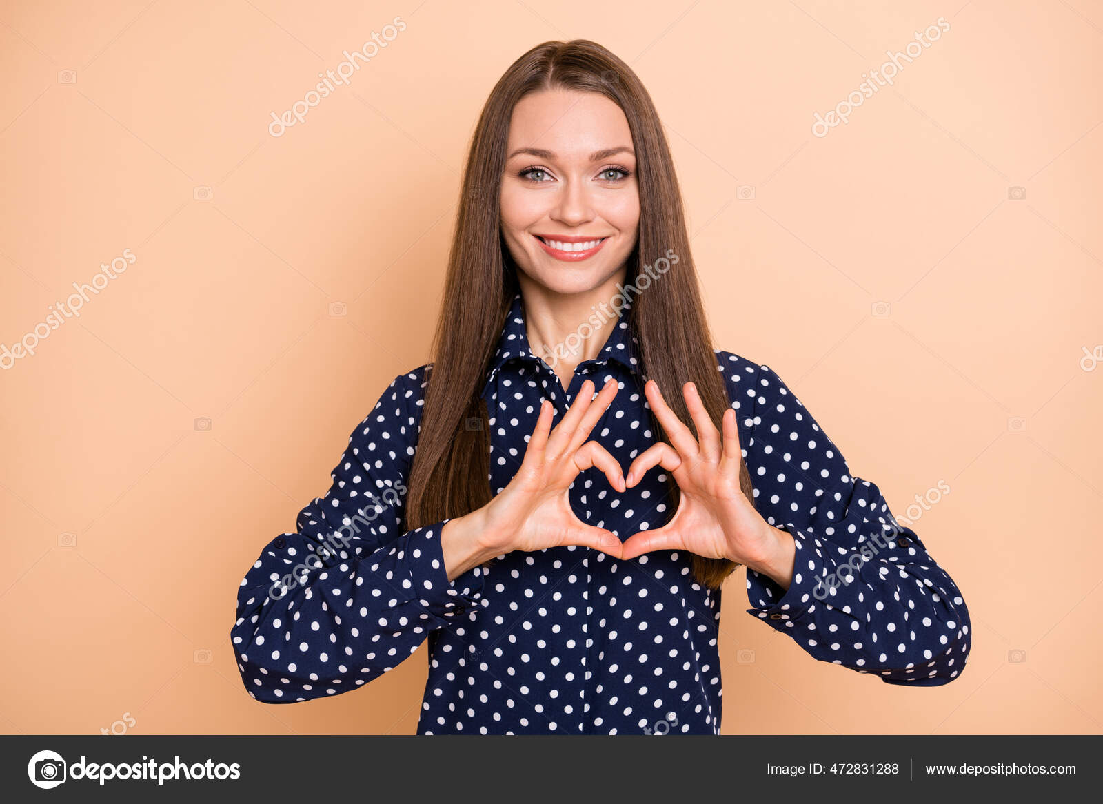 Photo of young woman happy positive smile show fingers heart symbol ...
