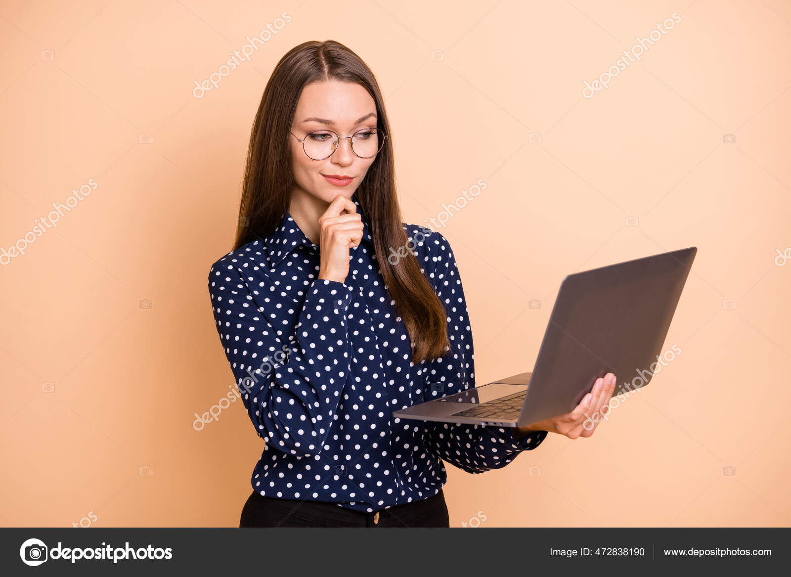 Photo of young business woman hand touch chin think look laptop project ...