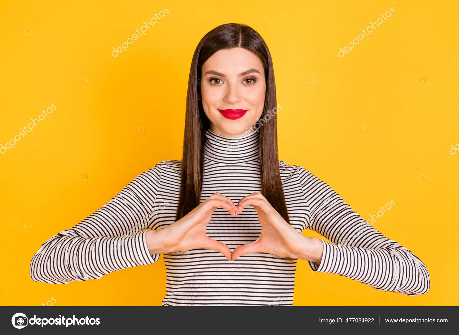 Photo of young attractive woman happy smile show fingers heart symbol ...