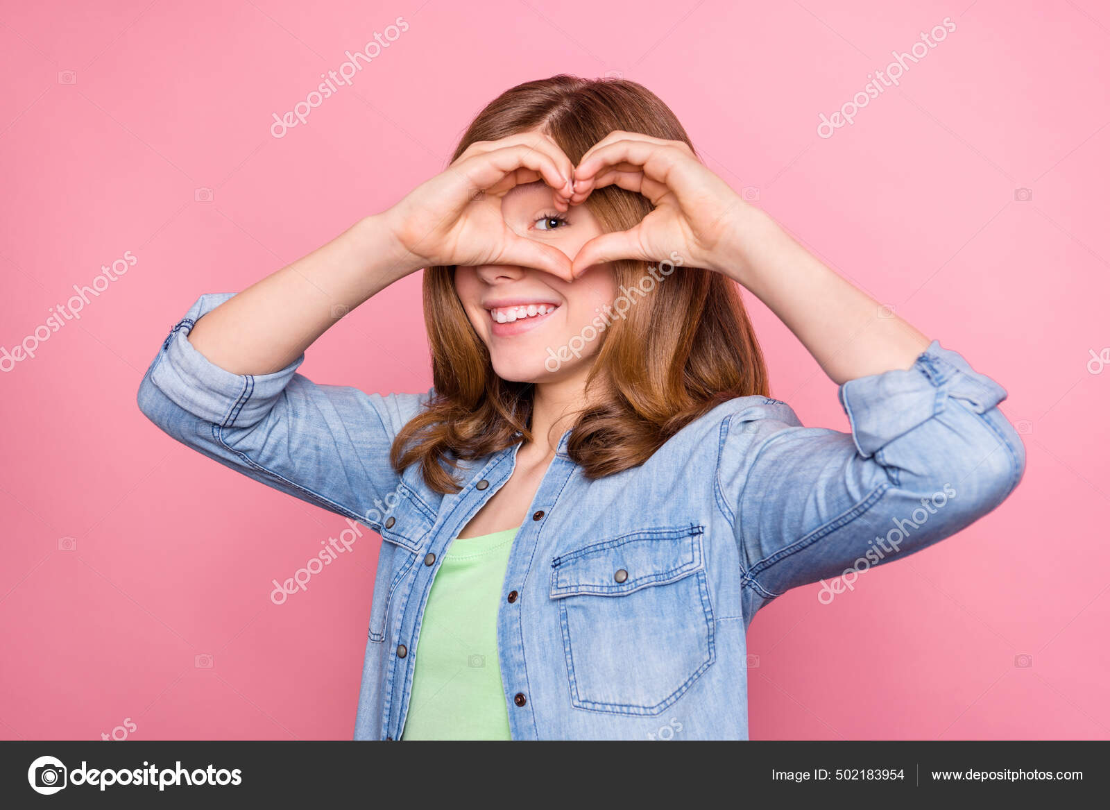Photo of young girl happy positive smile show fingers heart symbol love ...