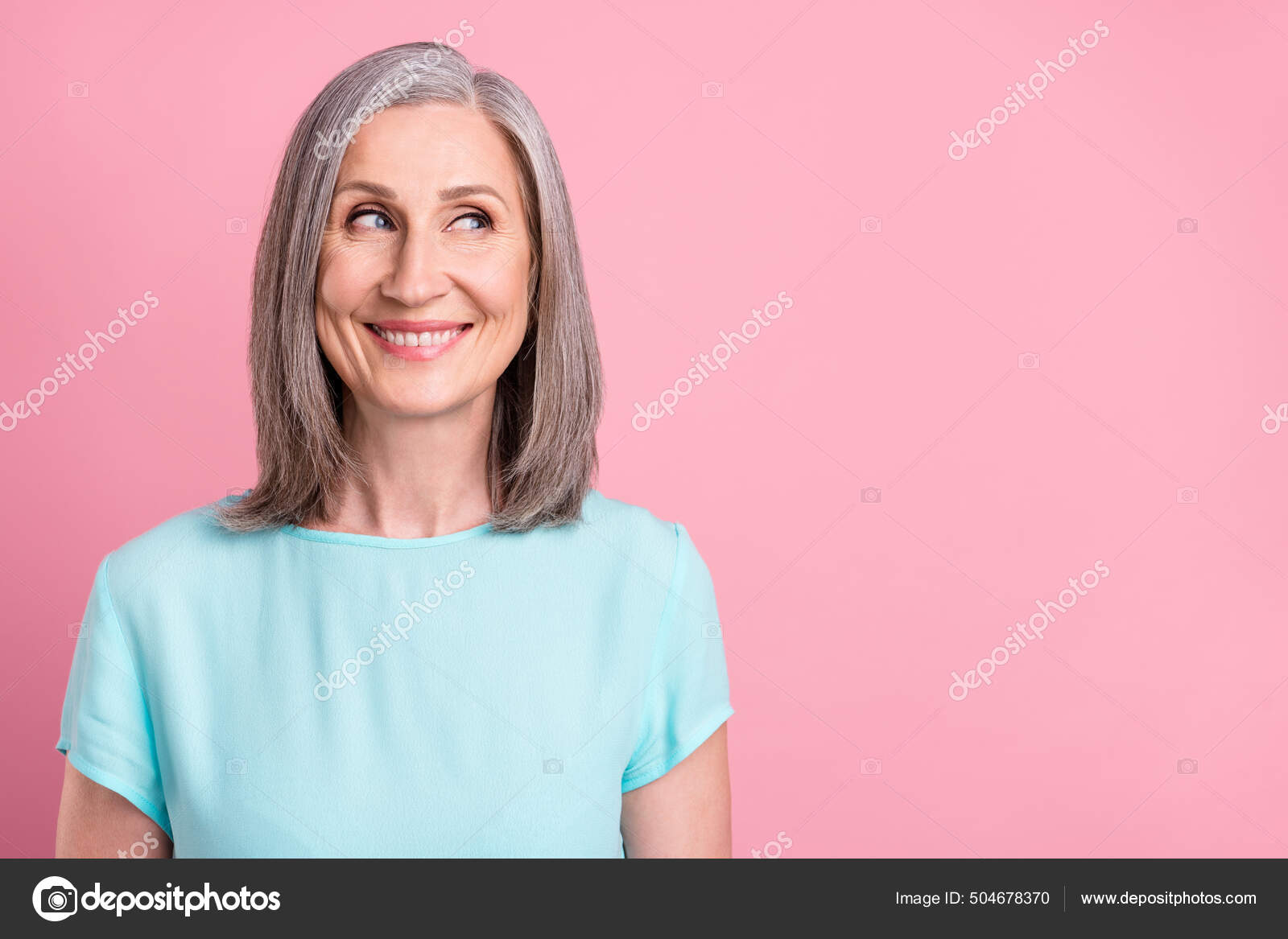 Photo of funny old grey hairdo lady look empty space wear blue blouse ...