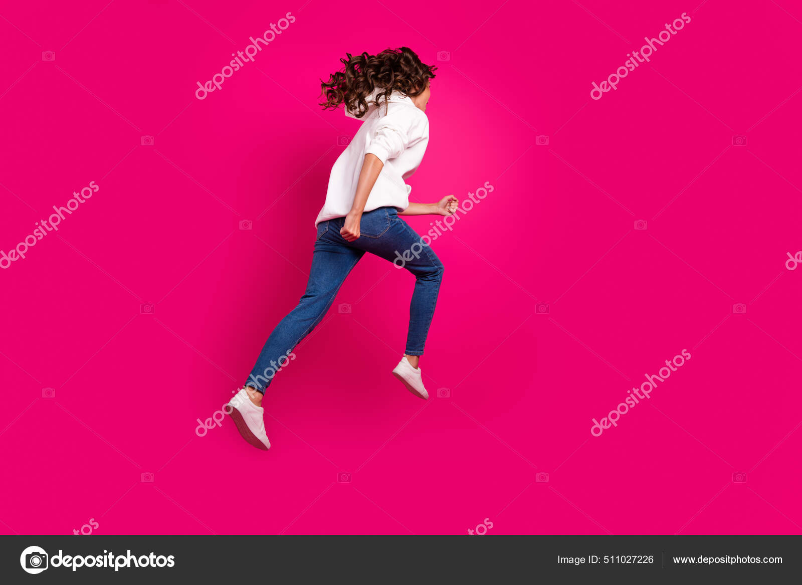 Rear back view photo of sportive lady jump run fast hurry wear white ...