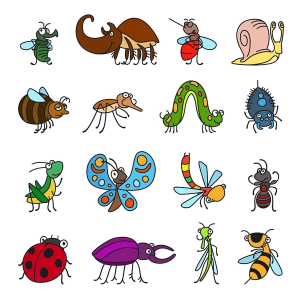 Funny insects, cute cartoon bugs vector set. Colored insects bee ...