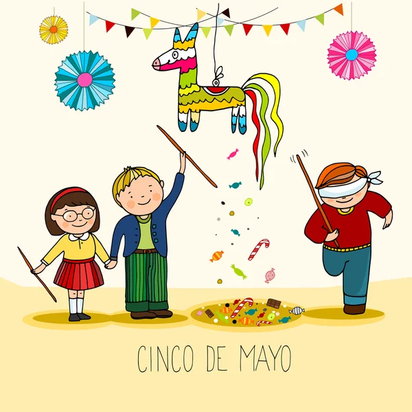 Boys beating pinata, Mexican cinco de mayo holiday greeting card Stock ...