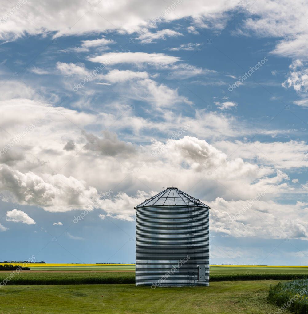 Silo de grano en el campo de un agricultor y hermosas nubes hinchadas en la Alberta rural Canadá ...