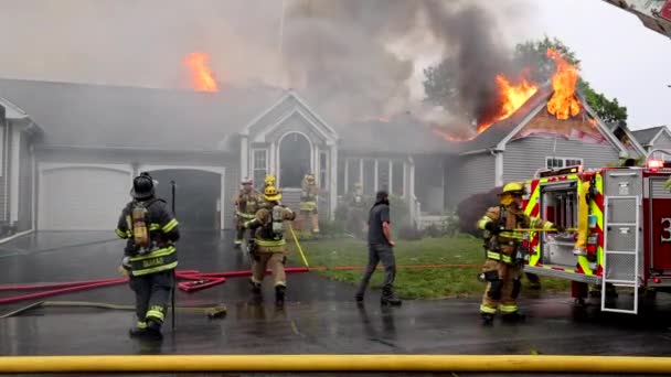 Firefighters Break Window Home Engulfed Flames Plumes Dark Smoke Rising ...