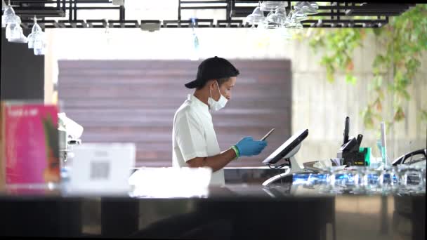 Male Cashier Using Smartphone While Waiting Customers Bar Counter ...