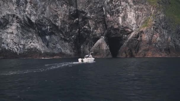 Lonely Boat Sailing Massive Cliff Side Norway Deep Water — Stock Video ...