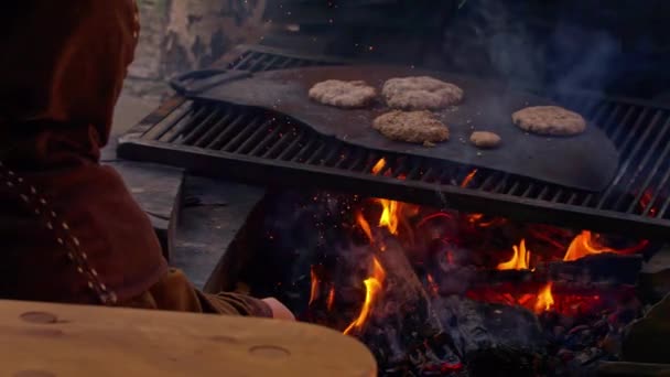 Beef Patties Sausages Grilling Wood Burning Outdoor Stove — Stock Video ...