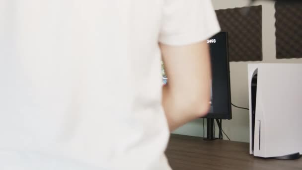 Boy Walking His Gaming Setup Pick His Ps5 Controller Start — Stock ...