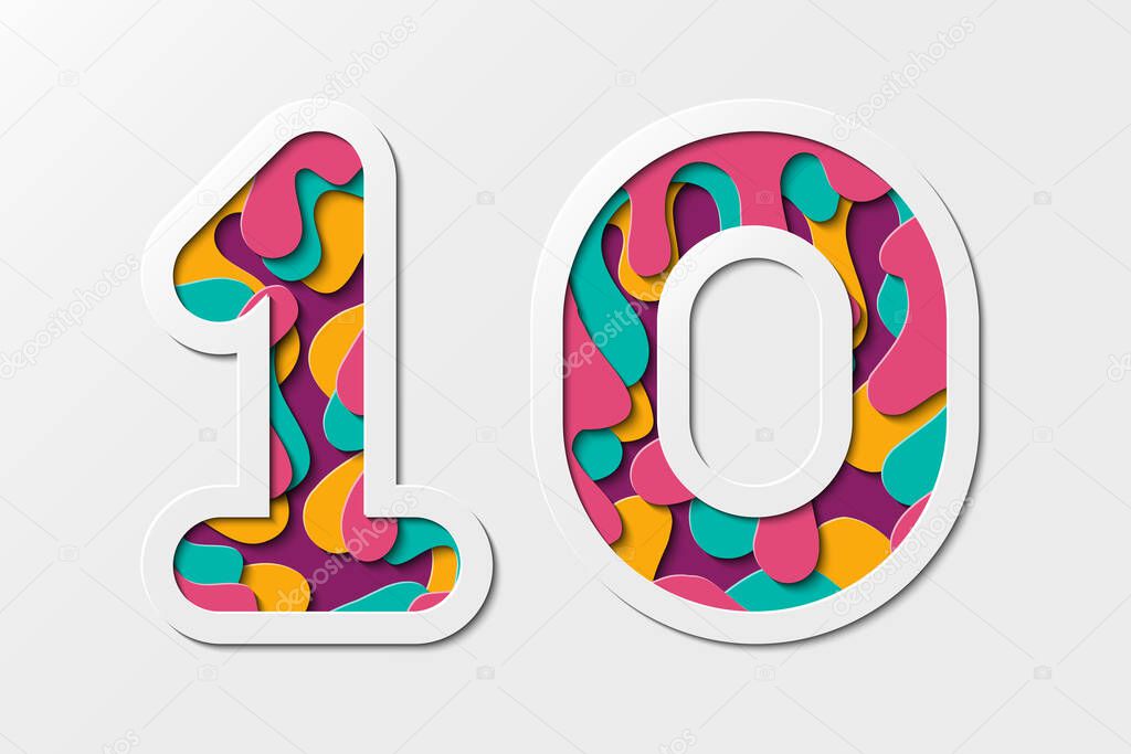 Corte de papel Número Diez Símbolo (10). Realista efecto de corte de ...