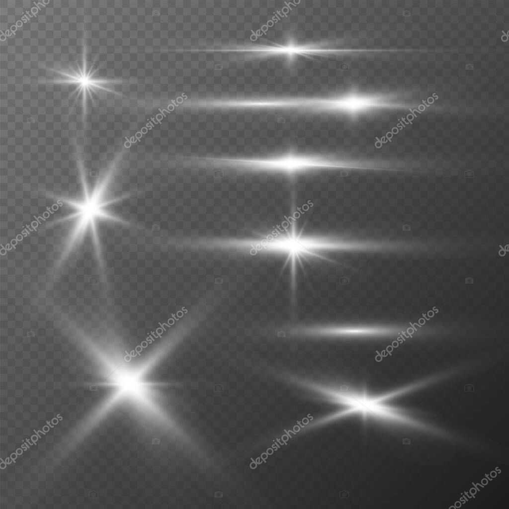 Conjunto de deslumbramiento de luz realista, resaltado. Colección de ...