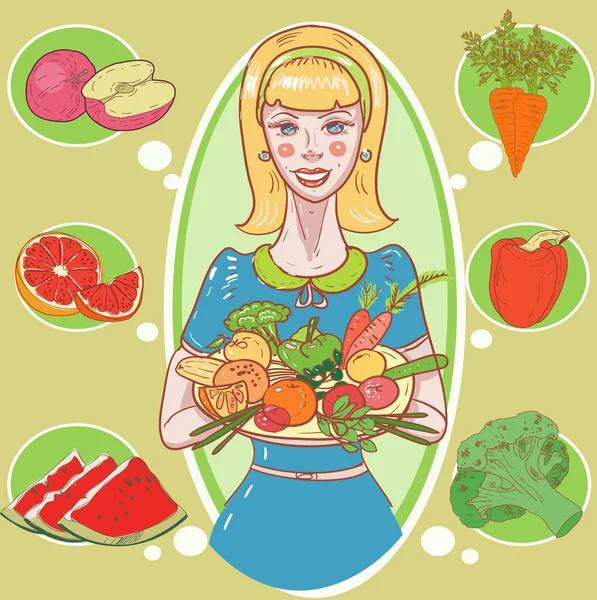 Surprised Pop Art Woman That Holds Vegetables In Her Hands C — Stock