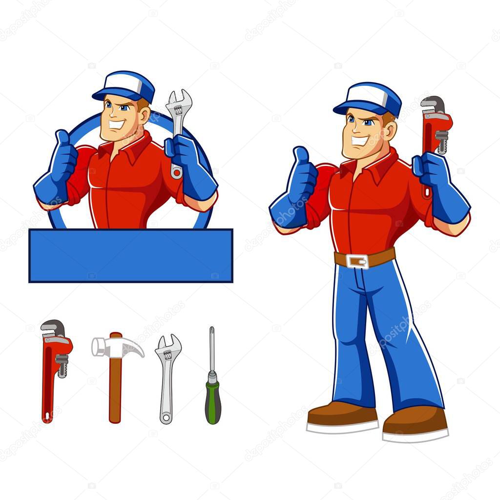 La reparación del servicio Handyman. Dibujos animados carácter vector diseño mascota logo. Puede ...