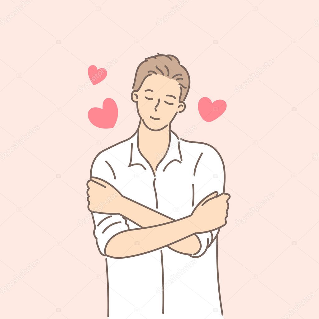 Hombre abrazándose con corazones sobre fondo rosa. Amor propio y ...