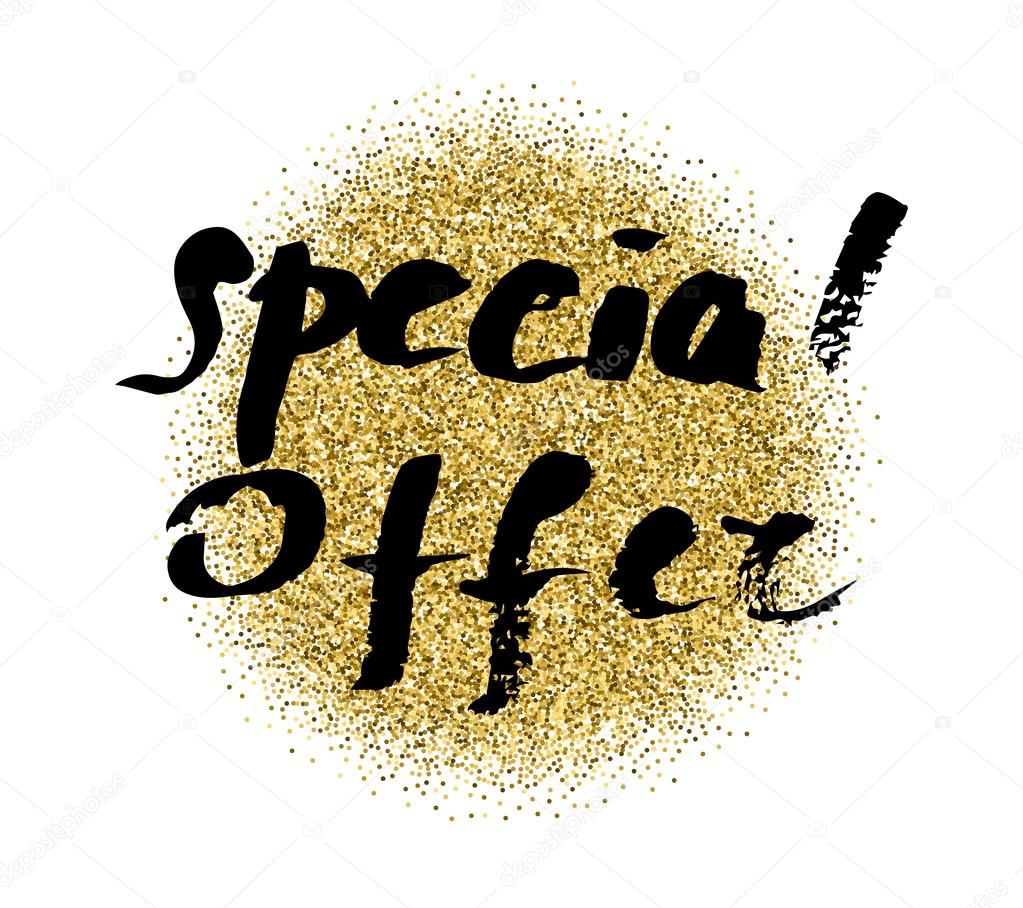 Special offer banner, gold glitter lettering. Professional bright ...