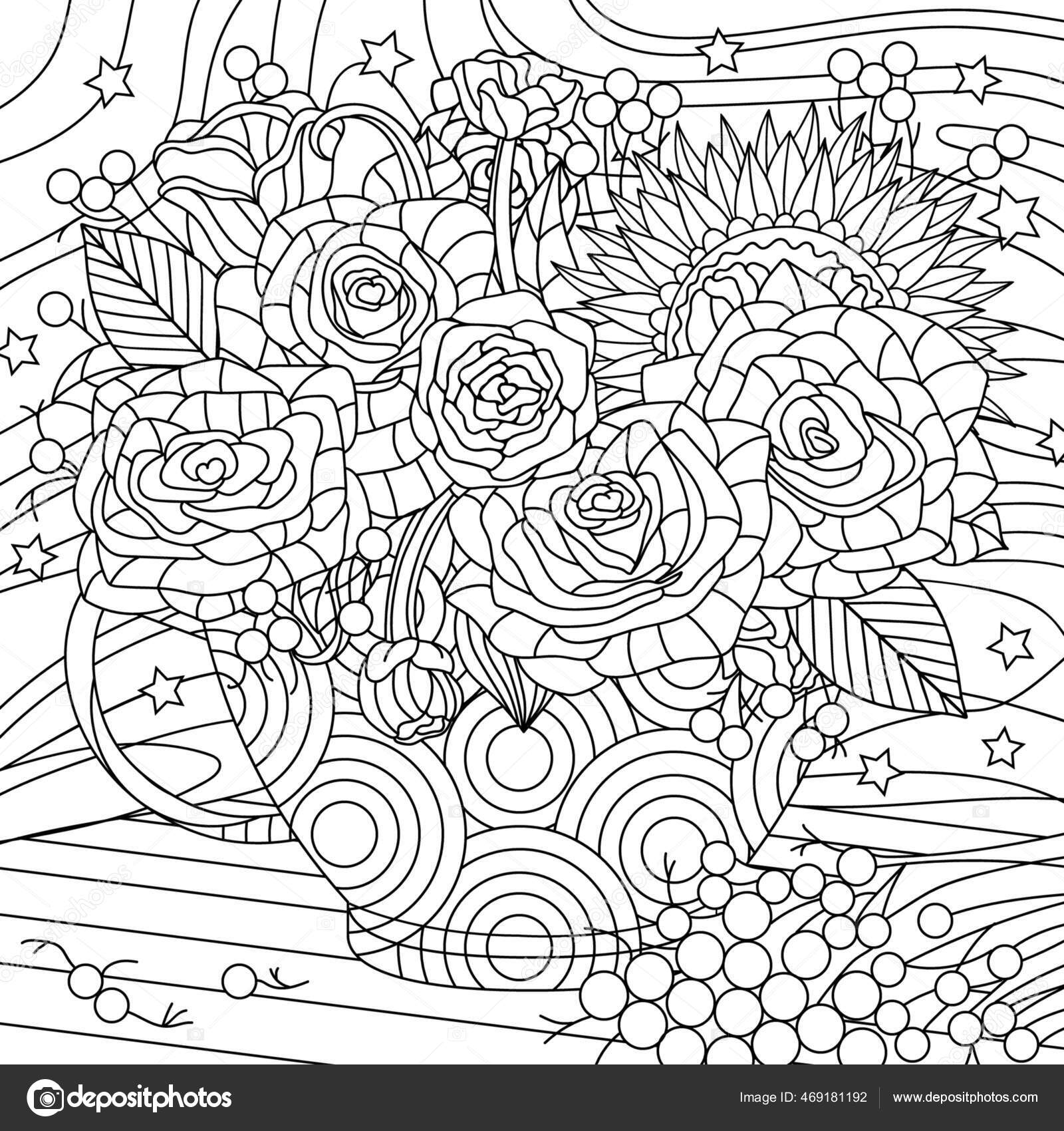 Copa Con Flores Para Colorear Página Del Libro Para Adultos Vector de ...