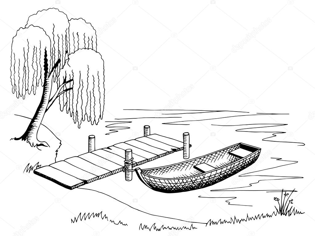 Boat pier graphic art black white landscape illustration vector — Stock ...