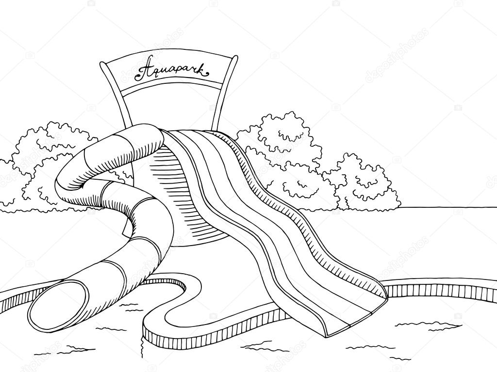 Aqua park graphic art black white sketch illustration vector — Stock ...