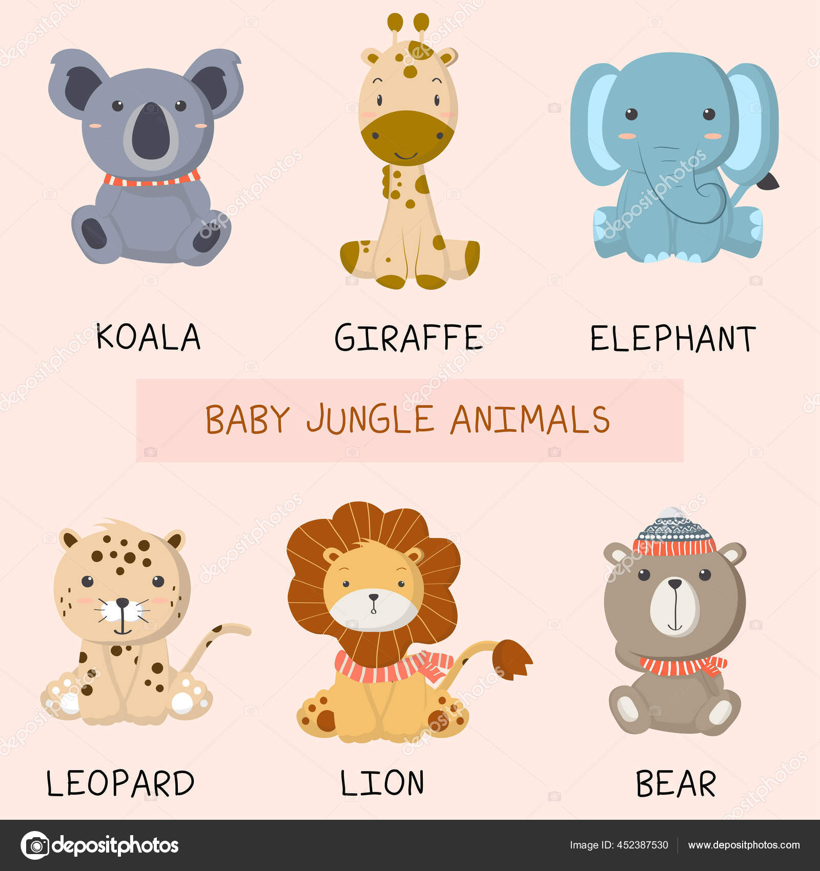 Vector Set Cute Baby Animals Koala Giraffe Elephant Leopard Lion Stock ...