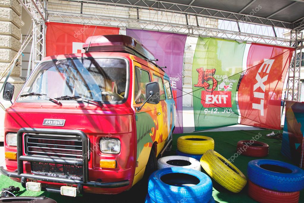 Colorful retro minivan of EXIT festival 2015 in city center of N ...