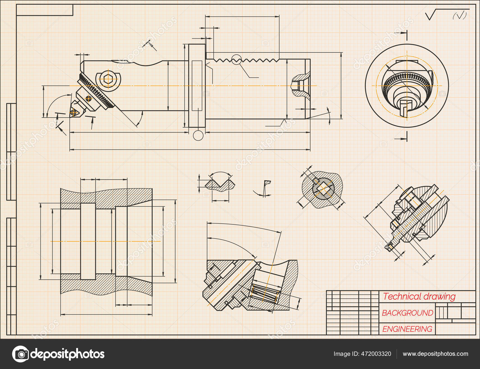 Mechanical engineering drawings on blue background. Boring bar with ...