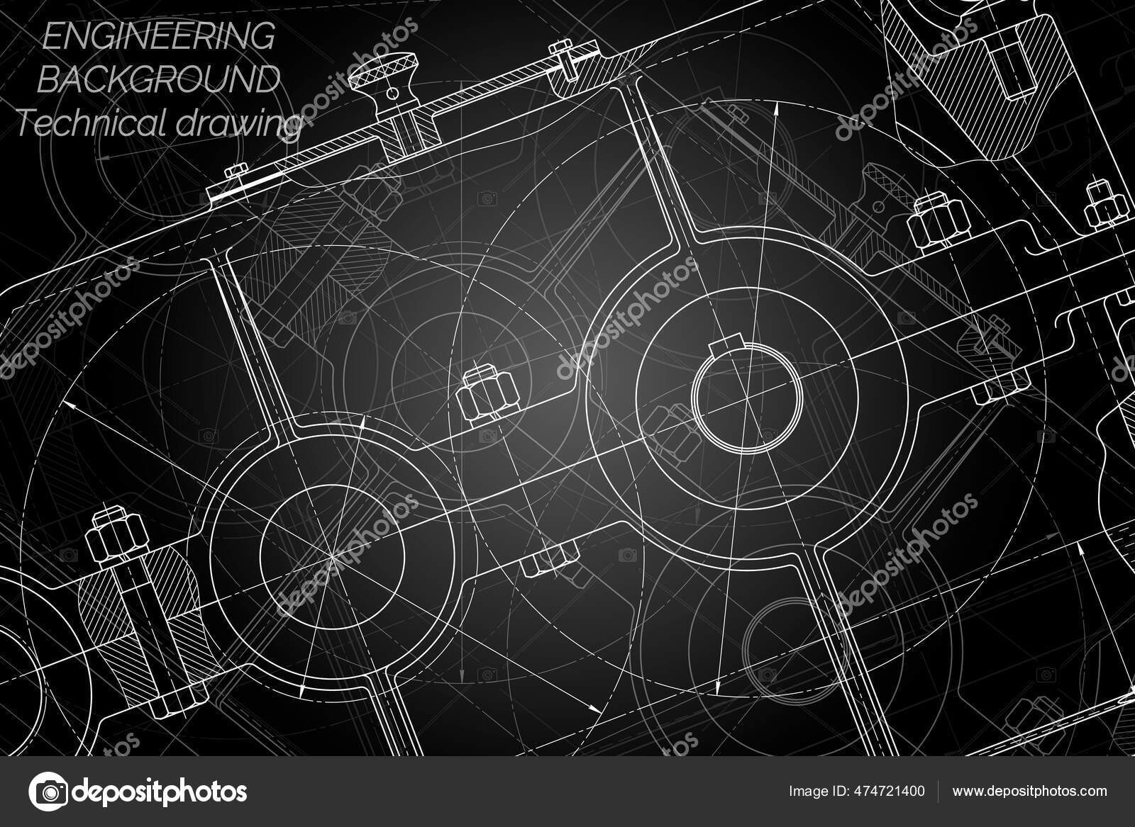 Mechanical engineering drawings on black background. Reducer. Technical ...