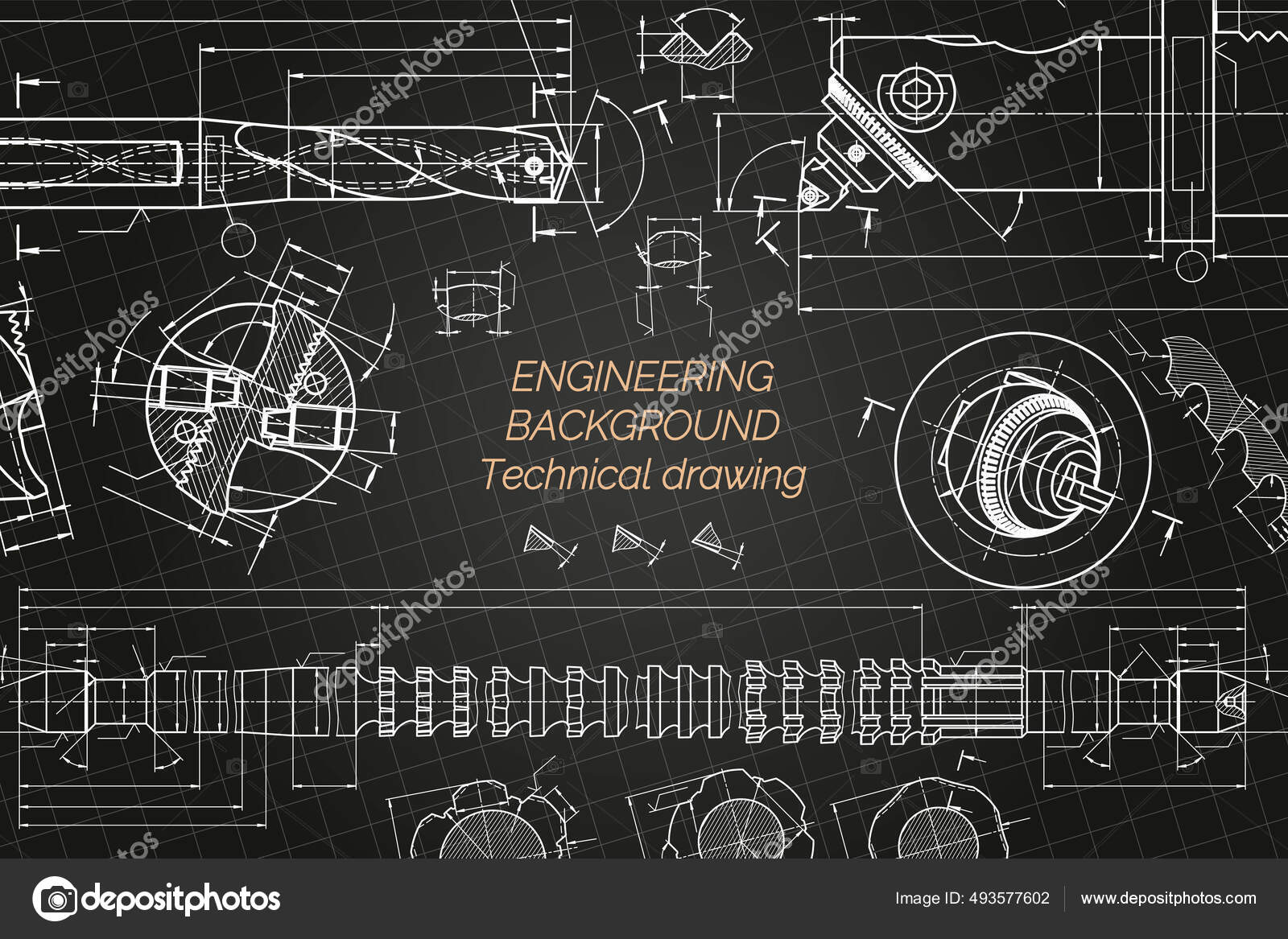 Mechanical engineering drawings on blue background. Drill tools, borer ...