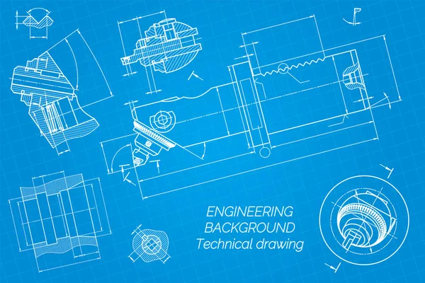 Mechanical engineering drawings on blue background. Drill tools, borer ...