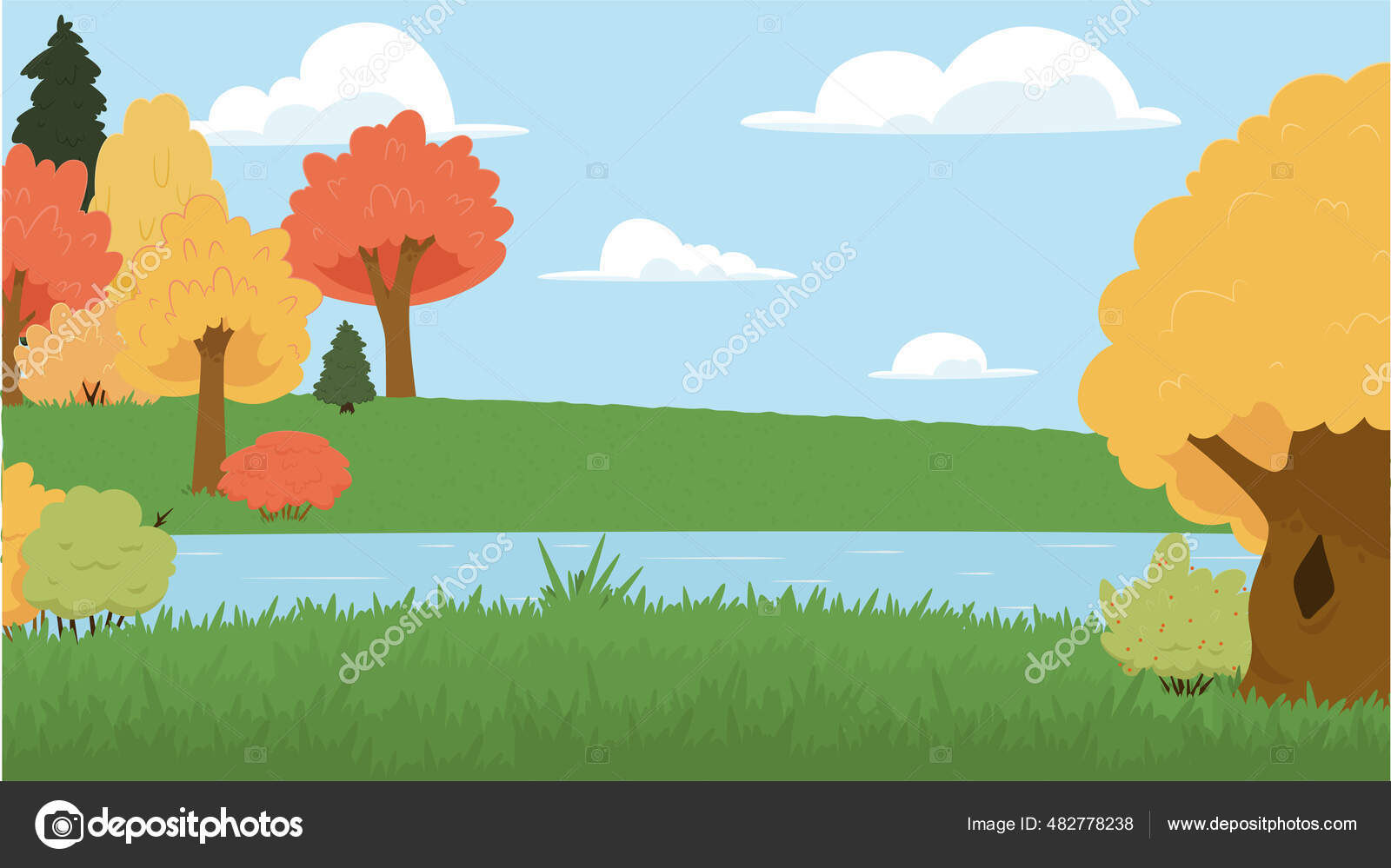 Vector Illustration Beautiful Fall City Park Bright Foliage Trees Stock ...