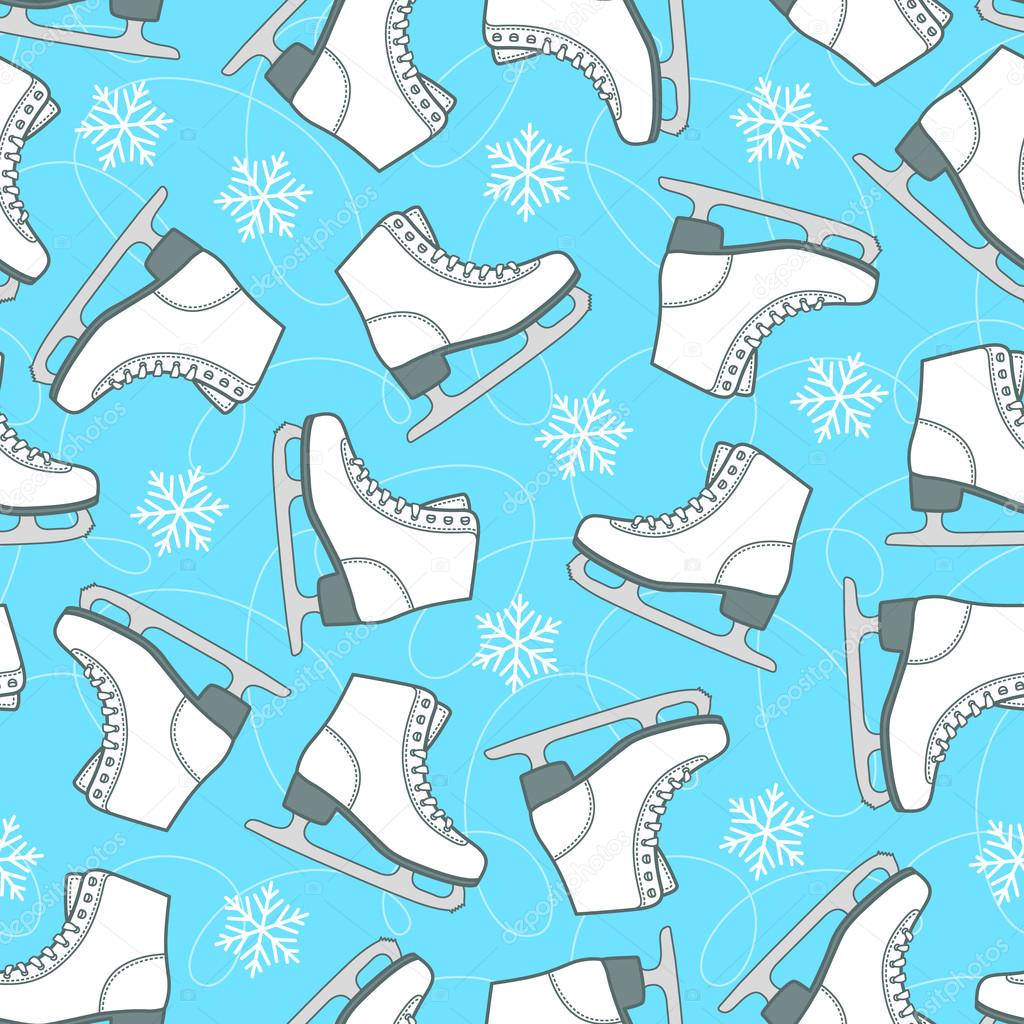 Seamless pattern of figure skates and snowflakes on the rink. Stock ...