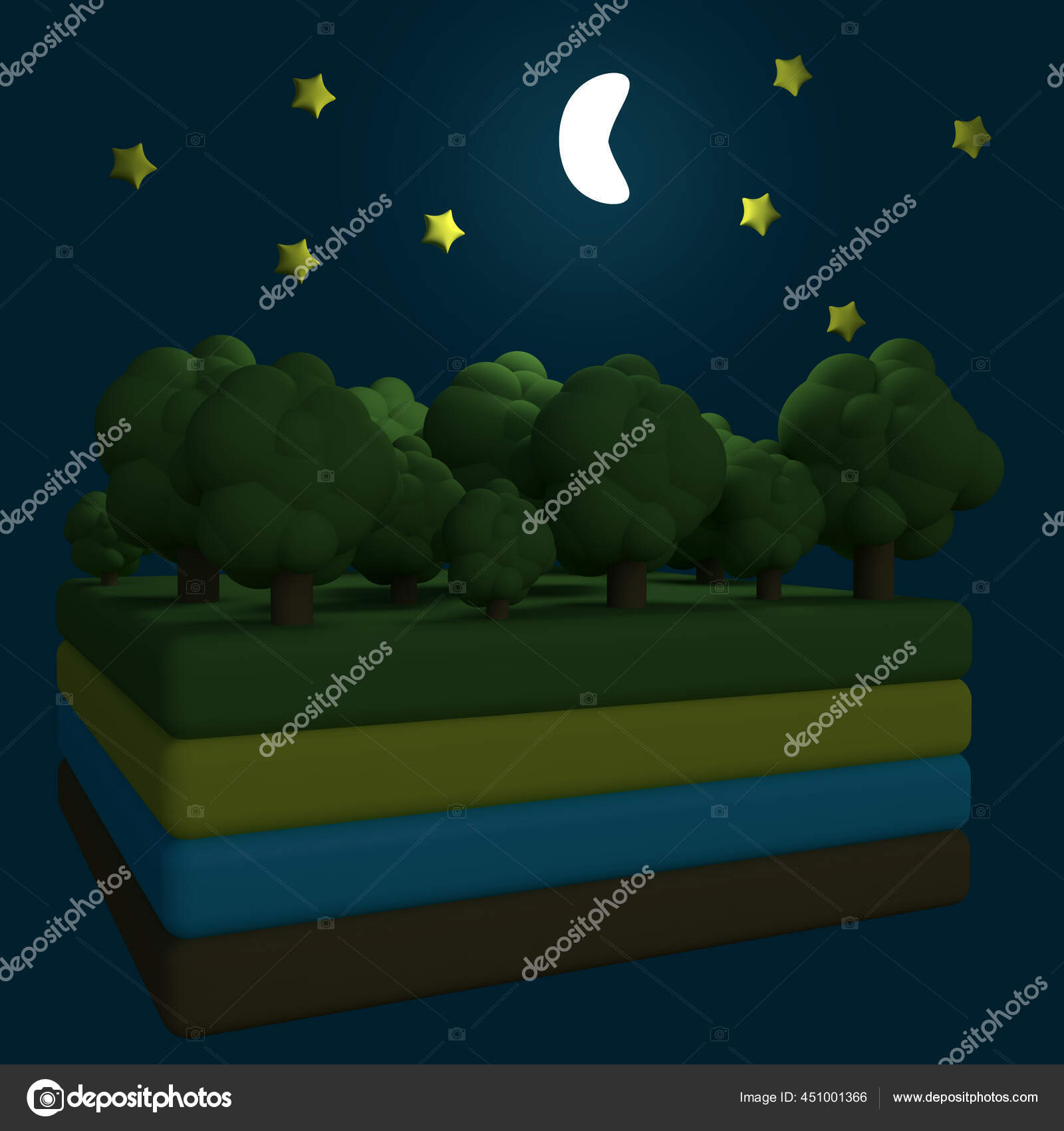 Stylized Funny Cartoon Nature Landscape Trees Moon Star Island Slice ...