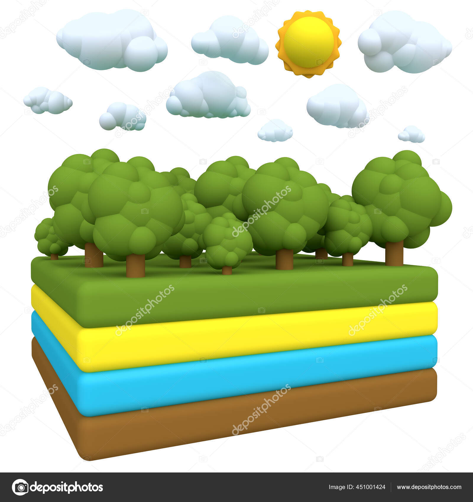 Stylized Funny Cartoon Nature Landscape Trees Clouds Sun Island Slice ...