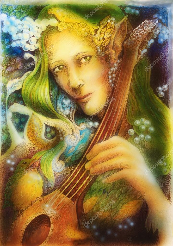 Cara de hombre elfo con pelo verde y perlas tocando un instrumento de ...