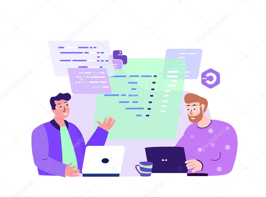 Equipo de hombres Programadores que trabajan en el desarrollo web Proceso de lluvia de ideas ...