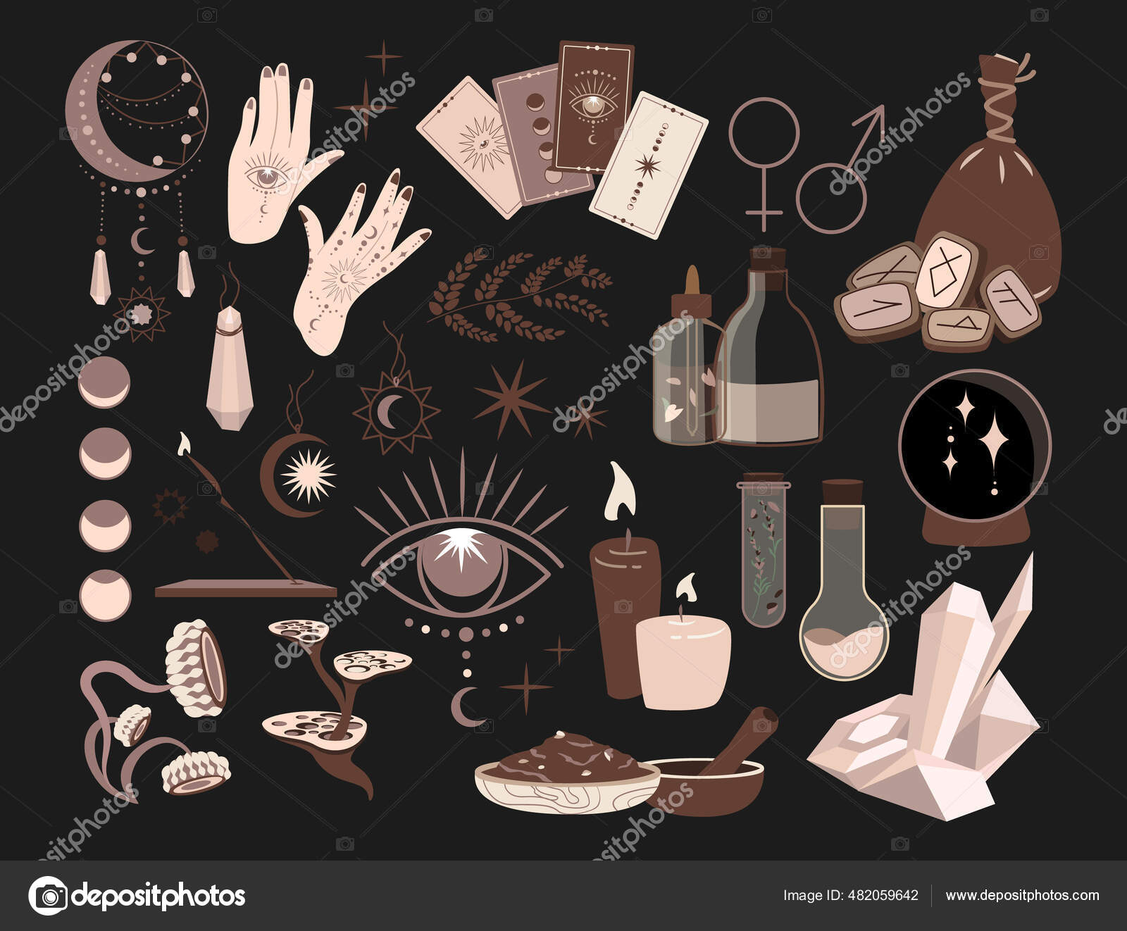 Conjunto de colección de símbolos mágicos de brujas.Elementos ...