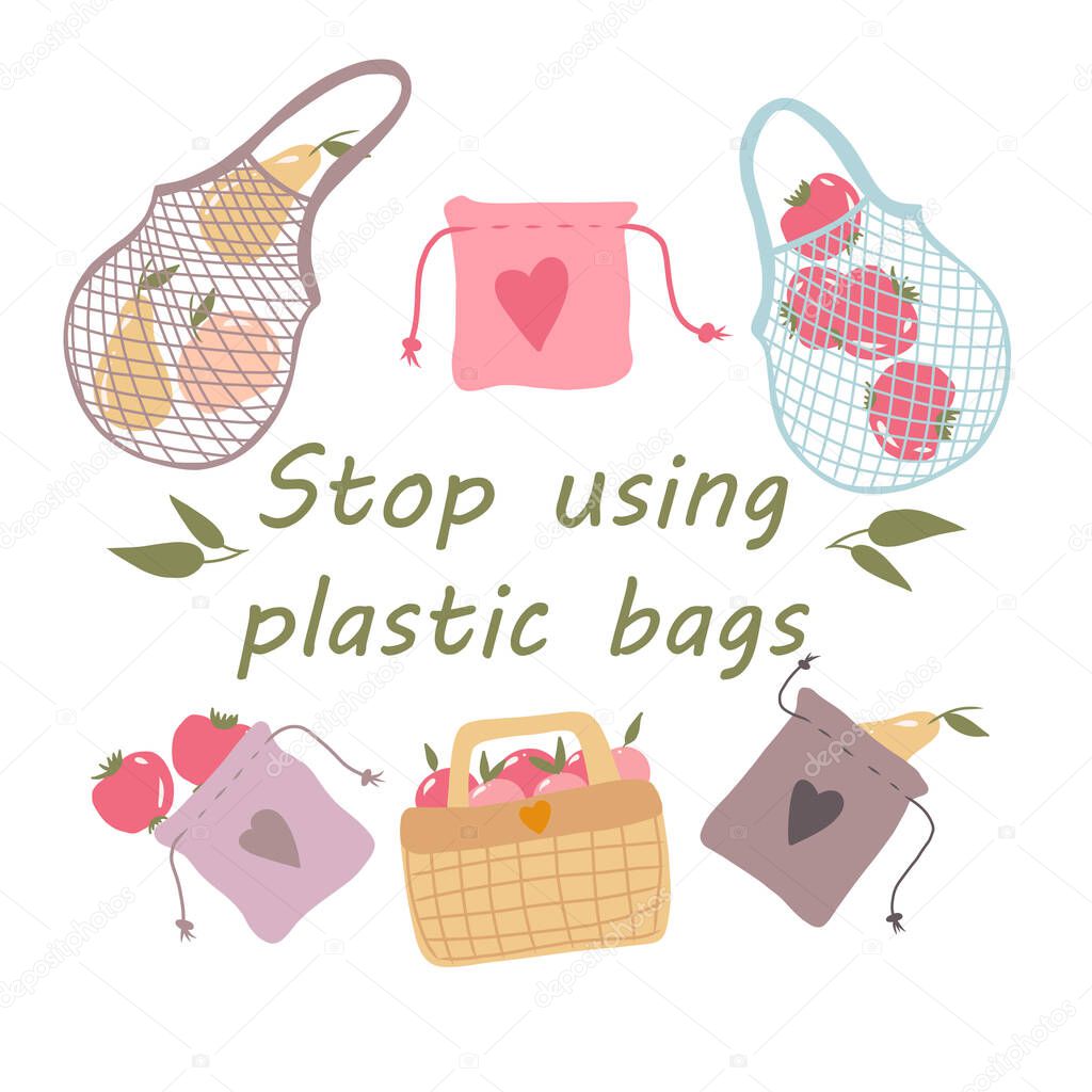 Deja de usar bolsas de pl stico. Traiga su propia bolsa ecol gica, cero ilustraci n de residuos ...