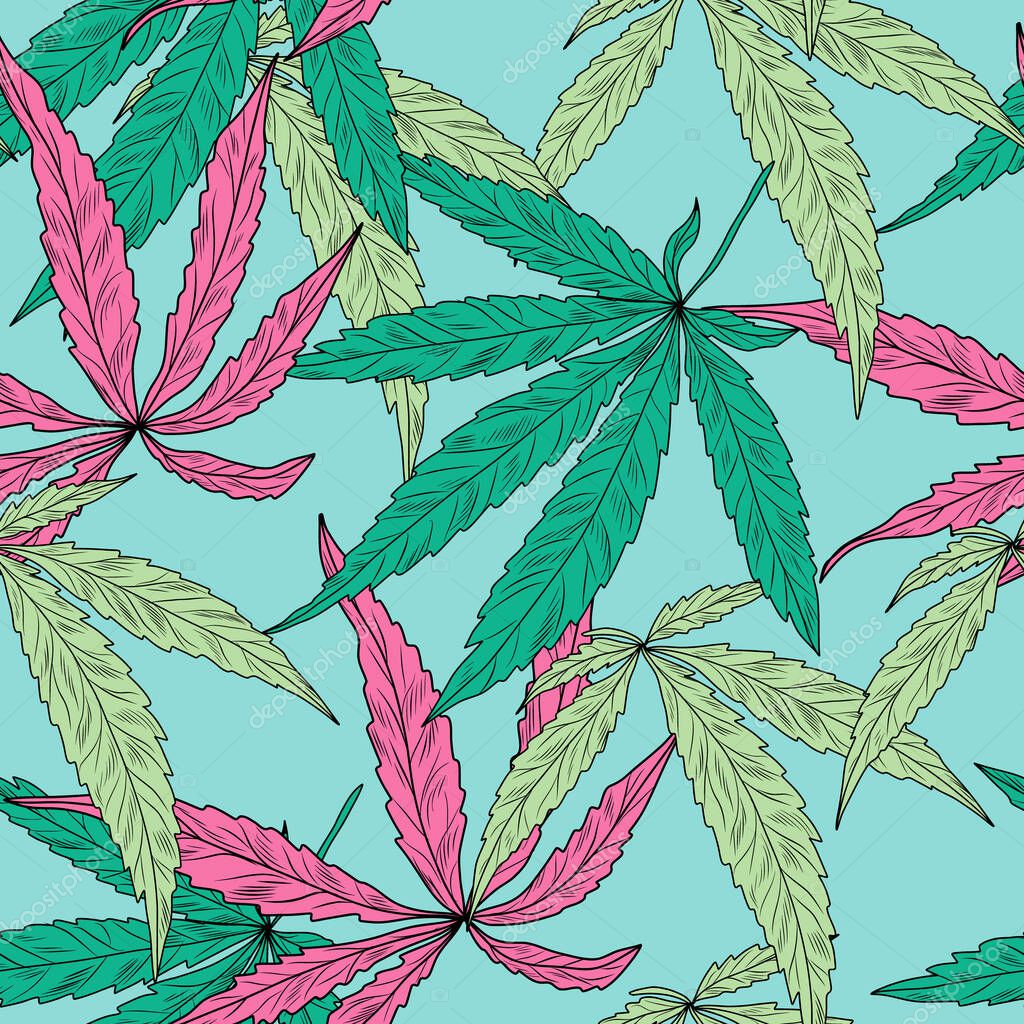 Textura sin costura dibujada a mano con niveles de marihuana, hierbas, planta de cannabis, azul ...