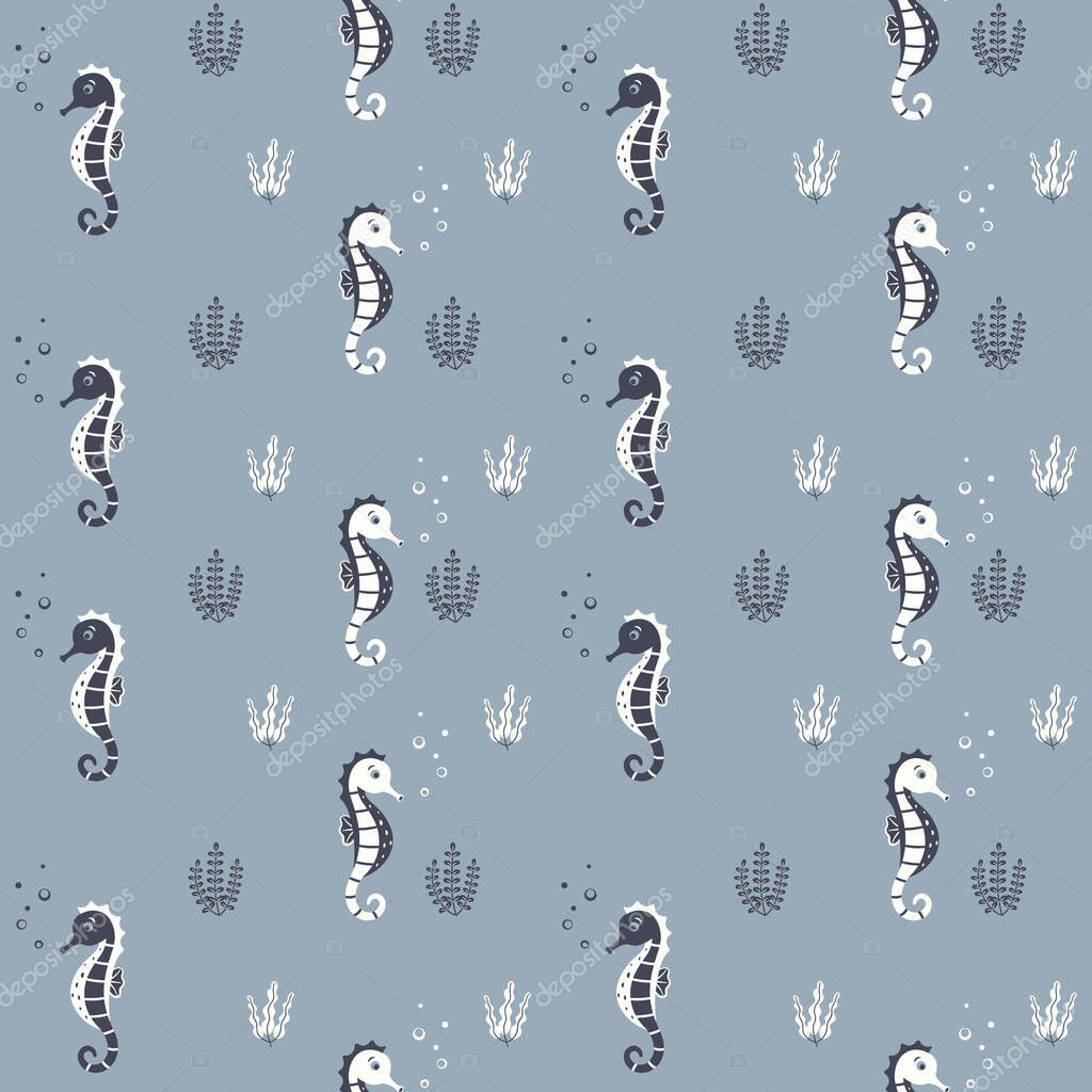 Patr n marino sin costuras. Caballo de mar y algas marinas, monocromo azul y blanco. Ilustraci n ...