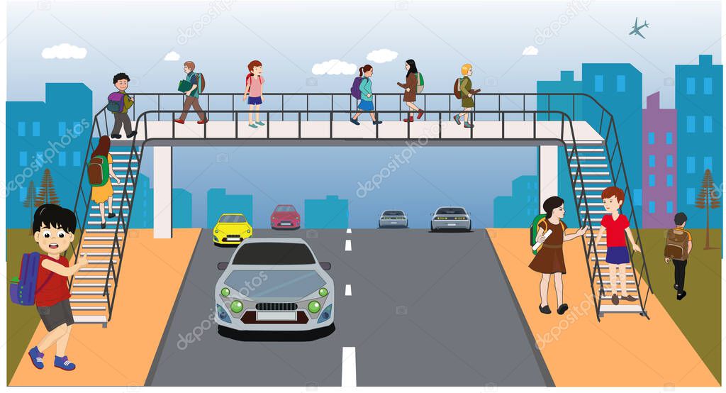 pasarela, paso elevado, niños que utilizan el cruce peatonal. paso ...