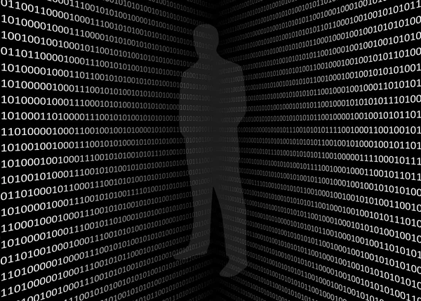 3D binary code screen with anonymous hacker - Stock Image - Everypixel