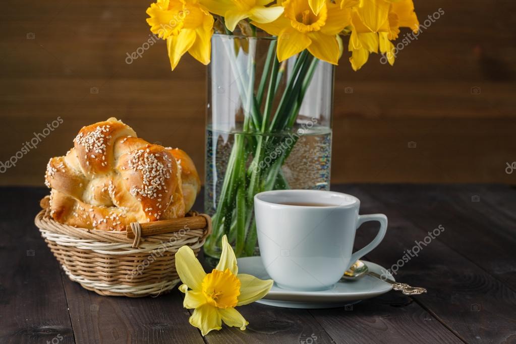 Spring breakfast with pastry and spring flowers Stock Photo by ...