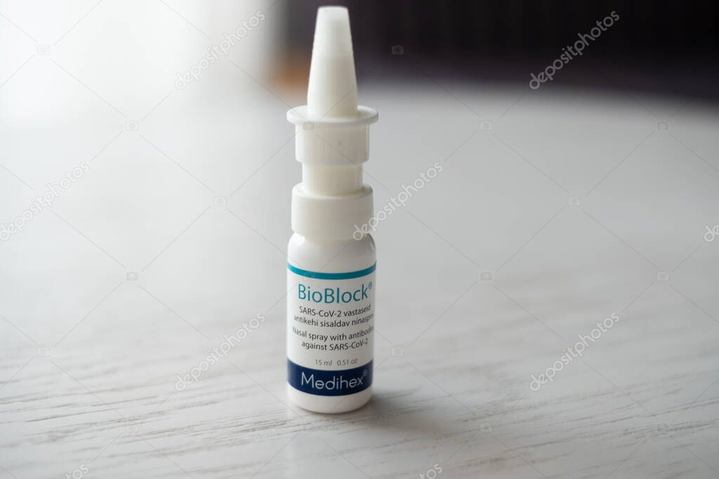 Estonia - 5 de junio de 2021: BioBlock spray nasal con anticuerpos ...