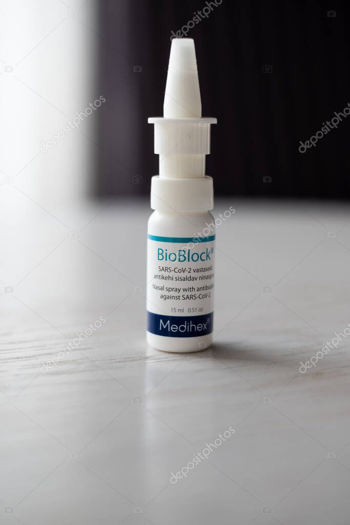 Estonia - 5 de junio de 2021: BioBlock spray nasal con anticuerpos ...