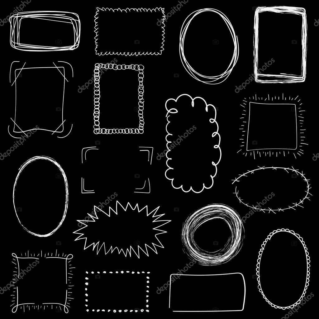 Collection of decorative white hand drawn frames on black background ...