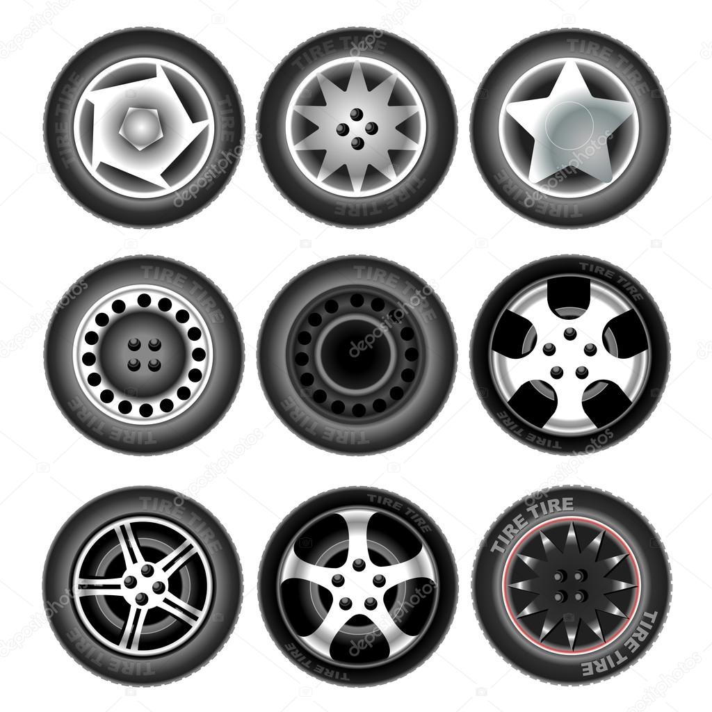 Colección de nueve ruedas con neumáticos. Diferentes formas y ...